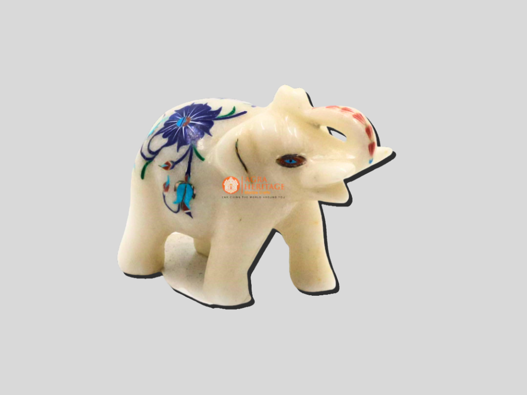 White Italian Marble Trunk Up Elephant Statue Inlay Collectible ...
